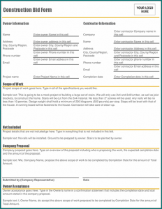 》Free Printable Construction Bid Sheet Template