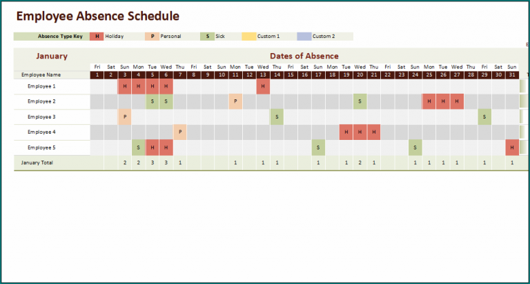 》Free Printable Employee Absence Schedule Template