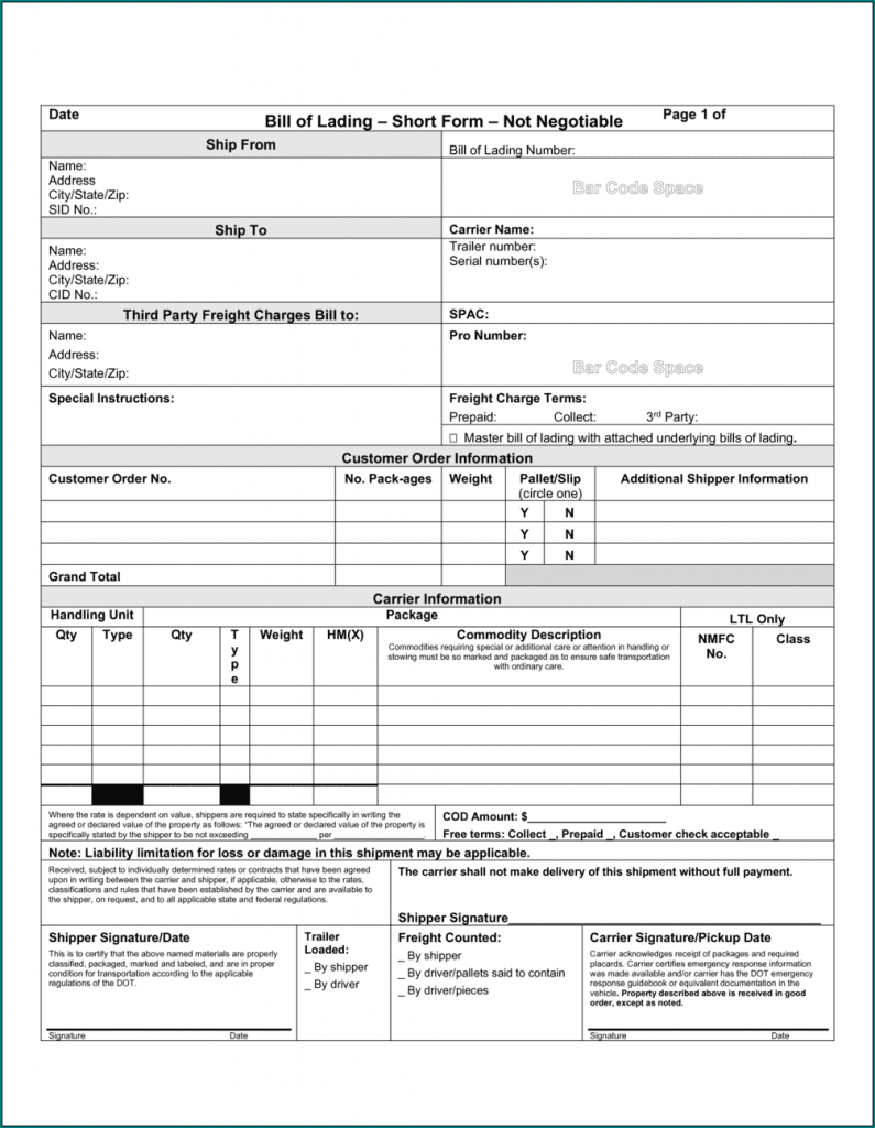 》Free Printable Bill Of Lading Template
