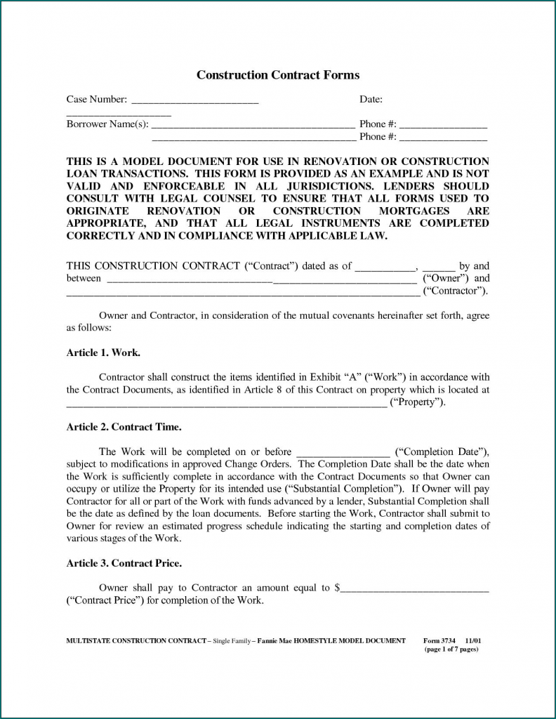 》Free Printable Construction Contract Template
