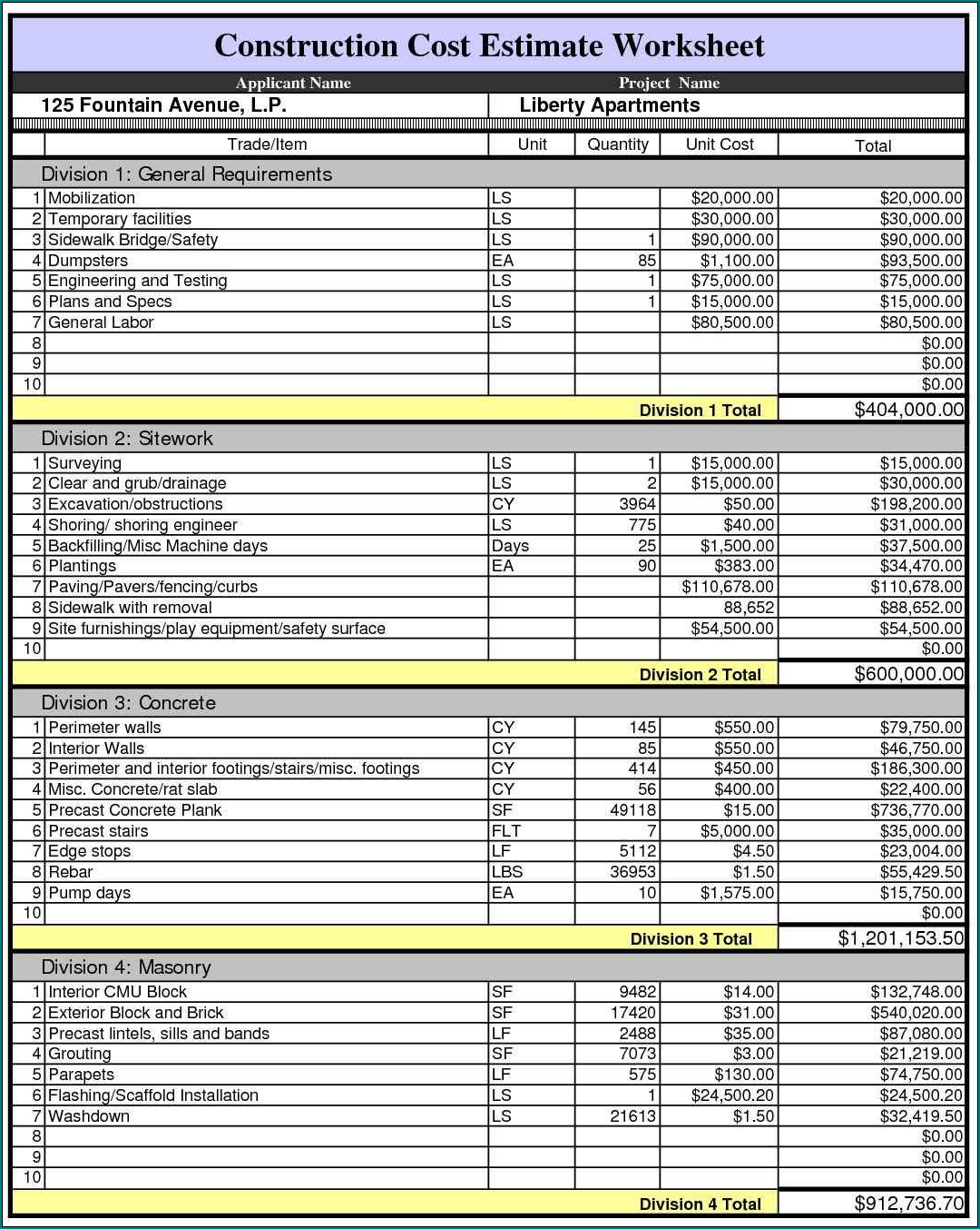 Construction Cost Estimate Template Excel Civil Engineering Program 