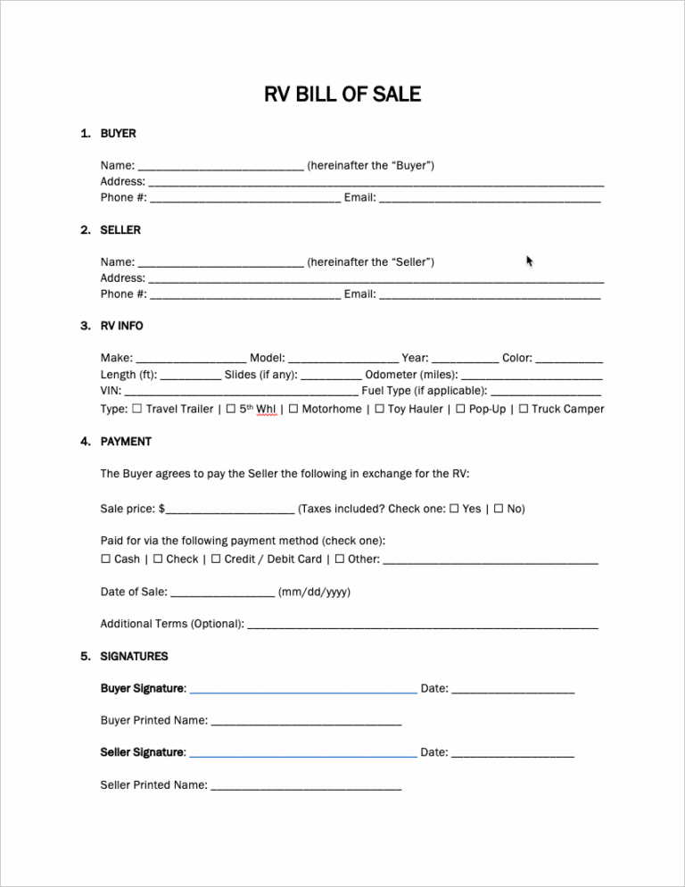 》Free Printable RV Bill of Sale Form