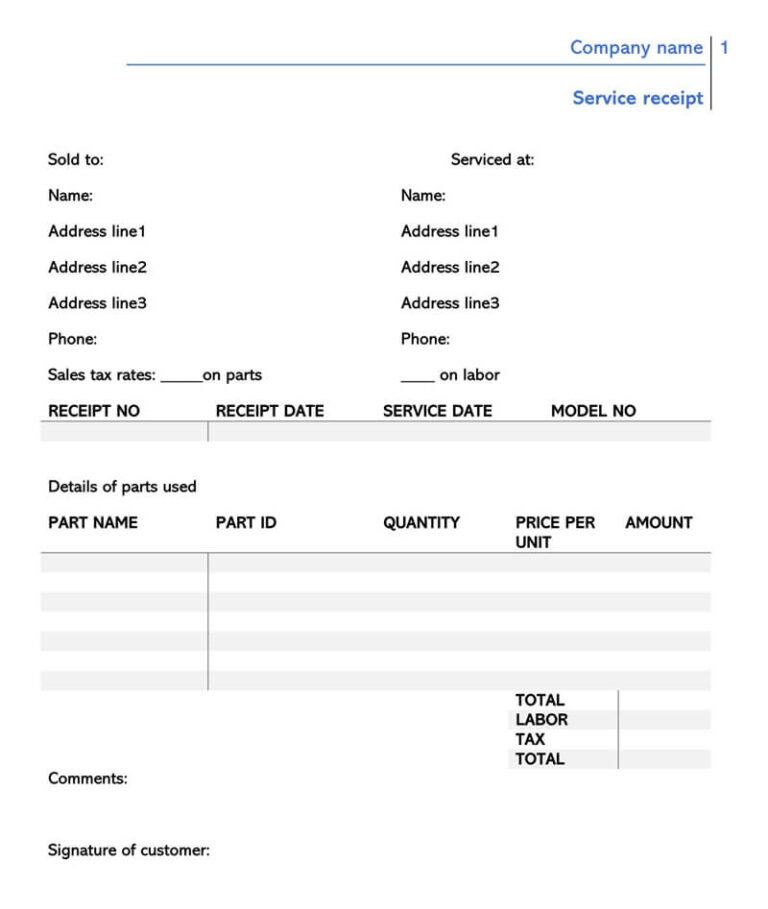 Example of Printable Service Receipt Template | Bogiolo