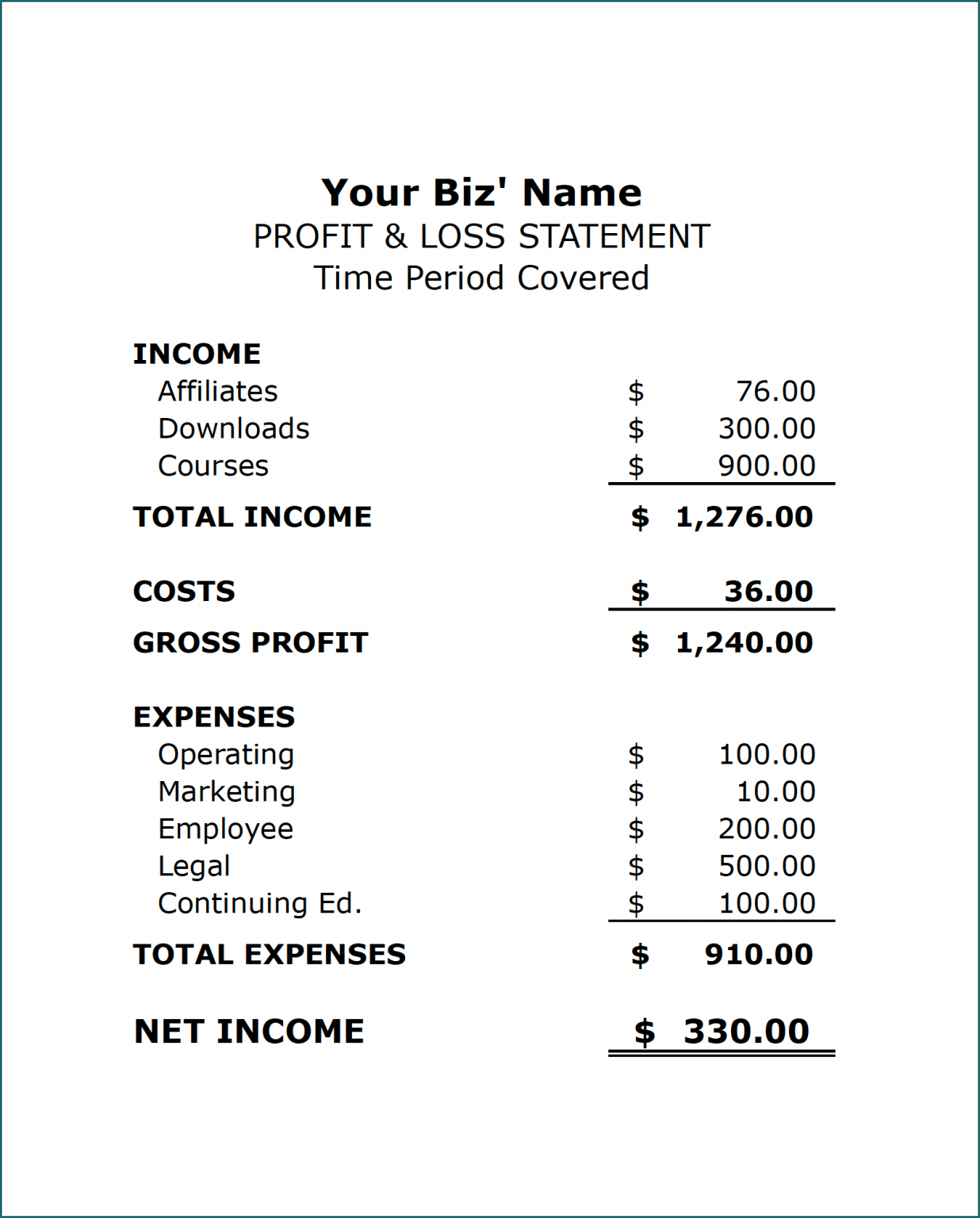 》Free Printable Simple Profit And Loss Template