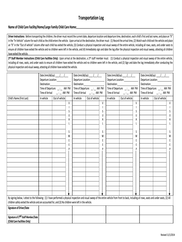 》Printable Transportation Log Template