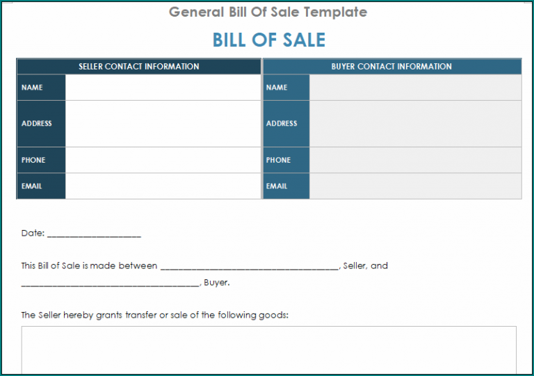 》Free Printable General Bill Of Sale Template