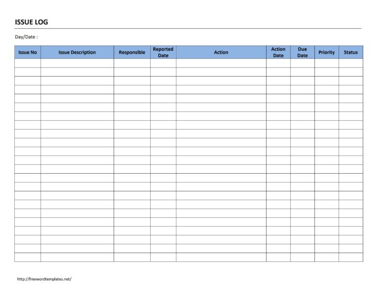 》Free Printable Issue Log Template