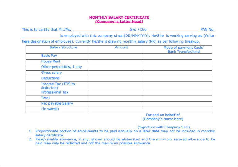 Monthly Salary Certificate Template | Bogiolo