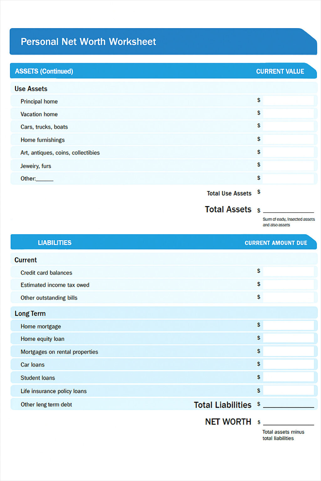 》Free Printable Net Worth Statement Template