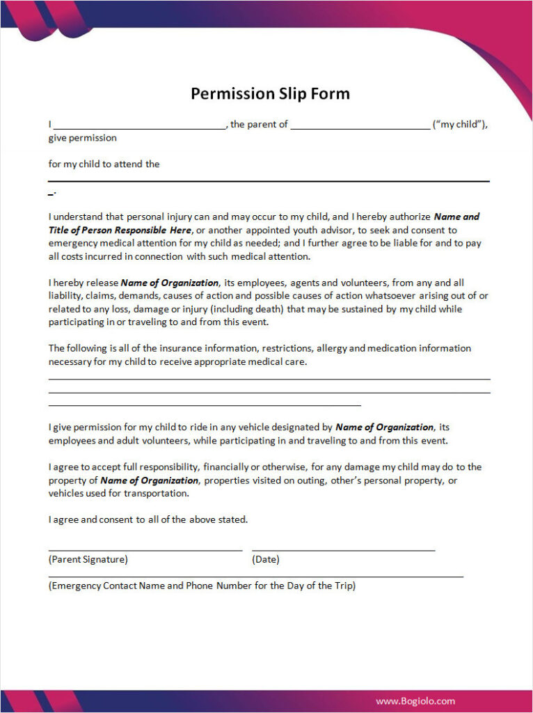》Free Printable Permission Slip Template