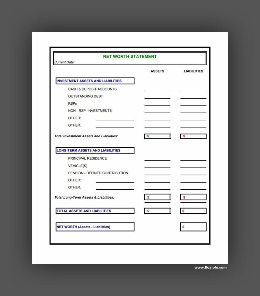 》Personal Net Worth Statement Template