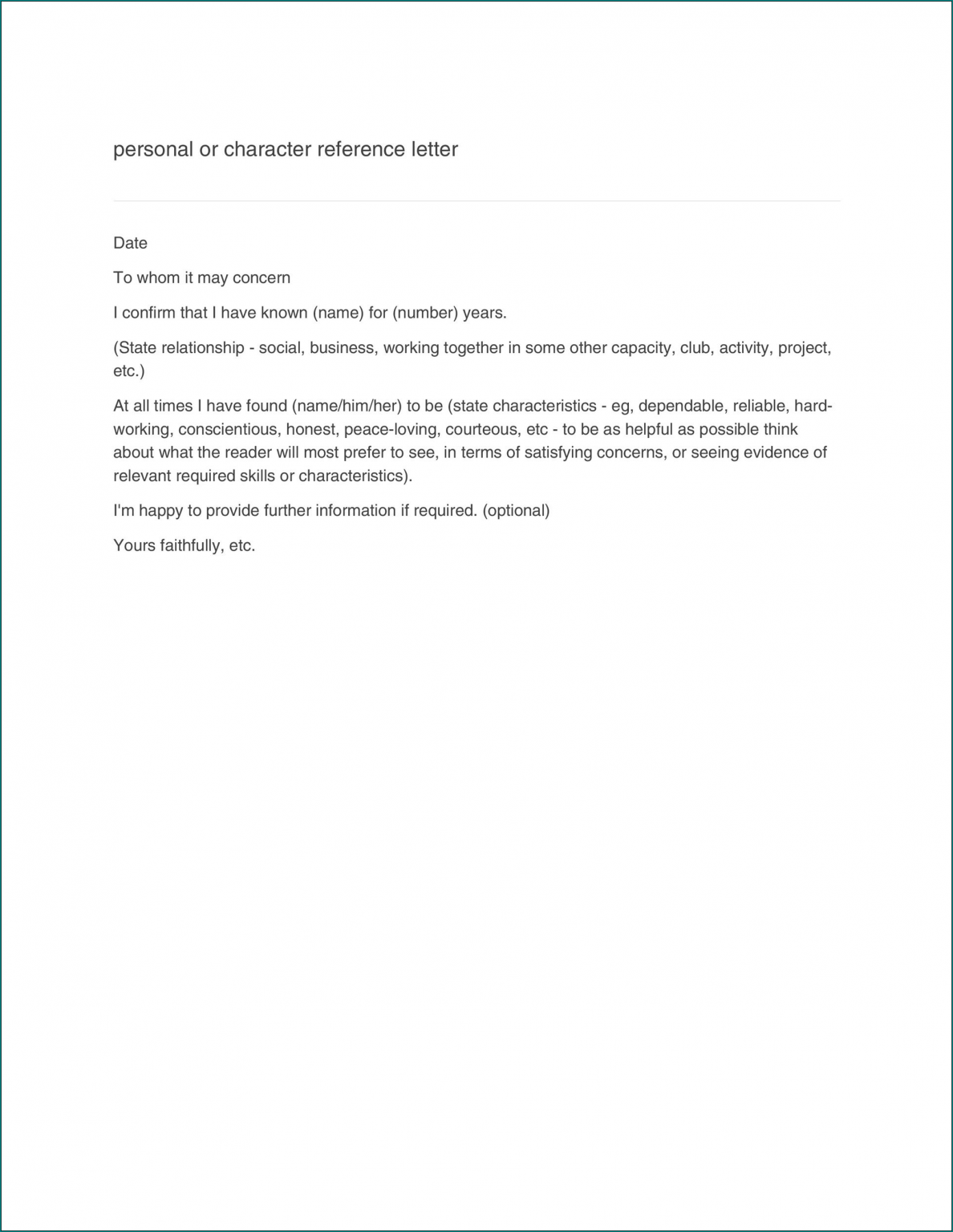 》Free Printable Personal Reference Letter Template