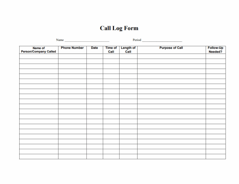 》Free Printable Phone Call Log Template