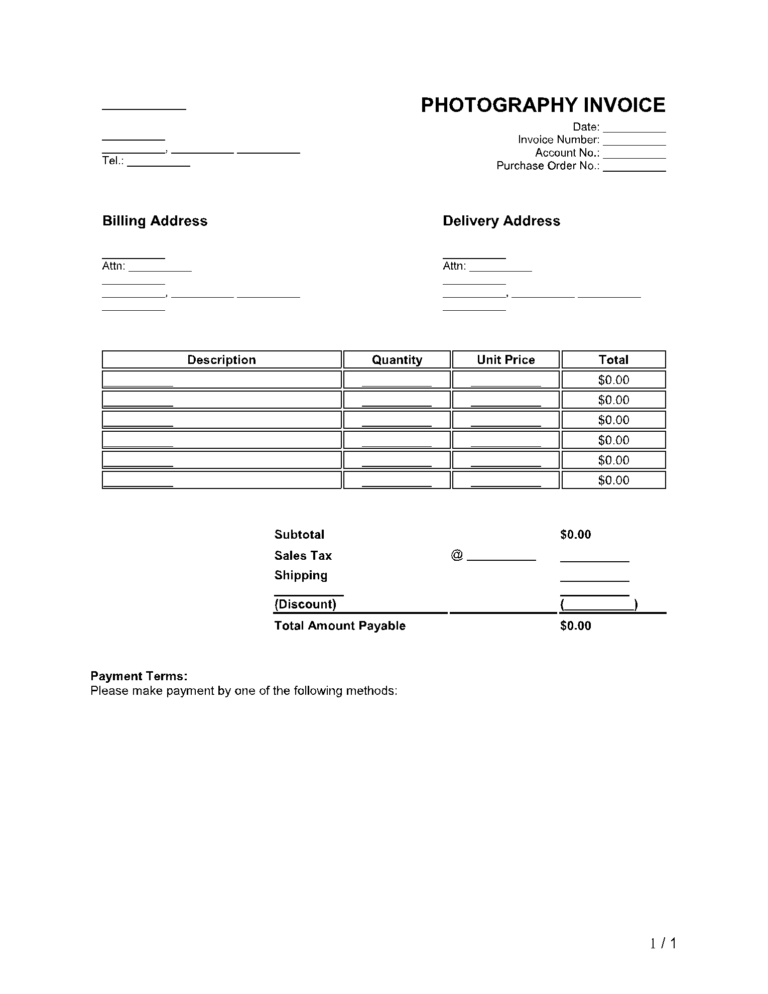 》Free Printable Photography Invoice Template