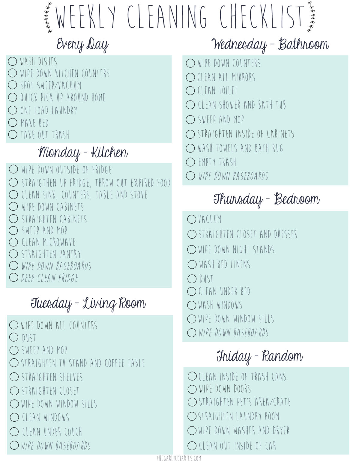 》Printable Weekly Cleaning Chart Template