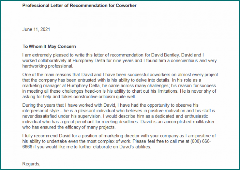 》Free Printable Professional Letter Of Recommendation