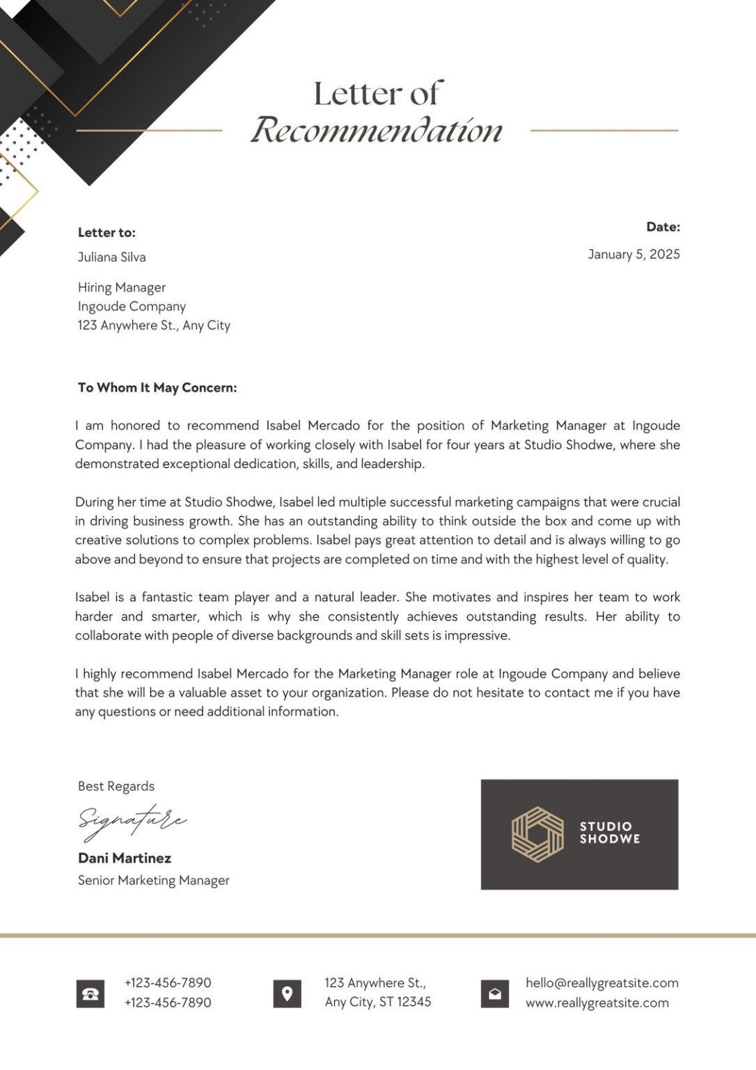 》Professional Letter of Recommendation Template