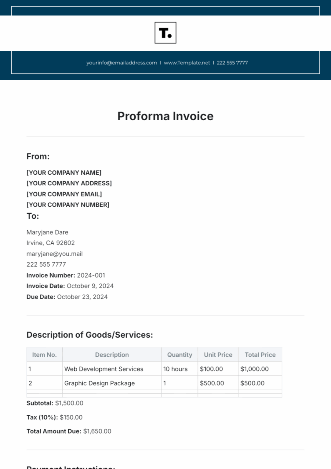 》Free Printable Proforma Invoice Template