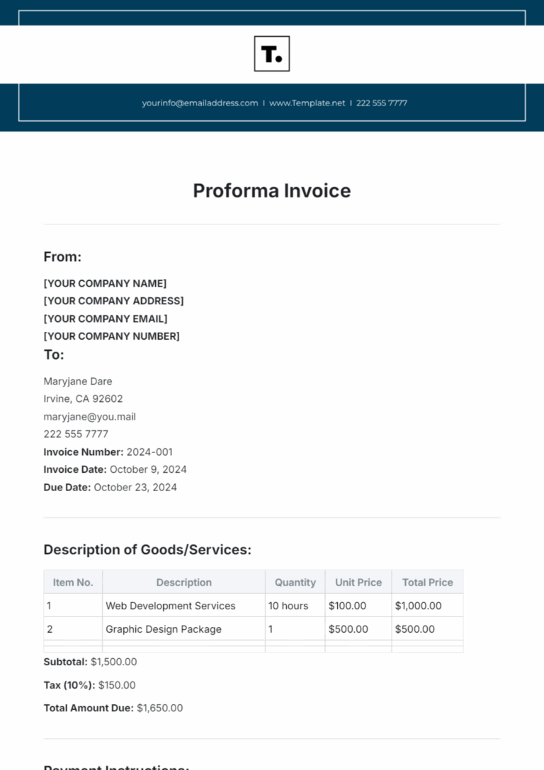 》Free Printable Proforma Invoice Template