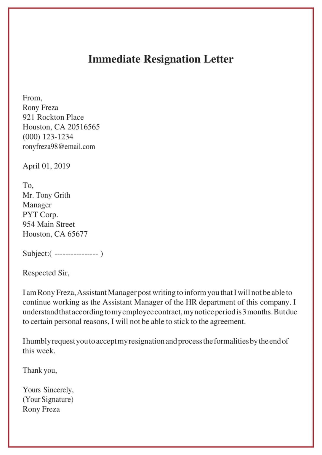 》Resignation Letter Template without Notice