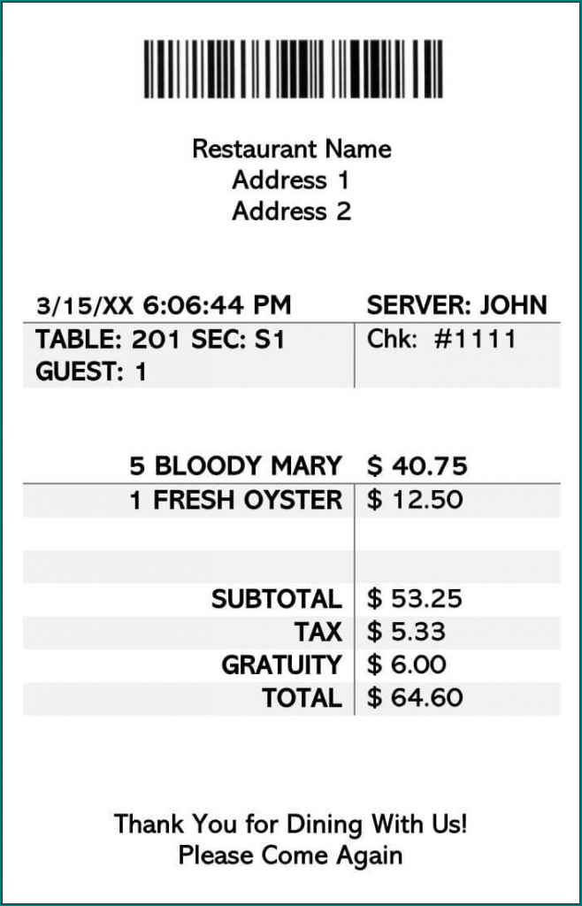 Restaurant Receipt Template Example | Bogiolo