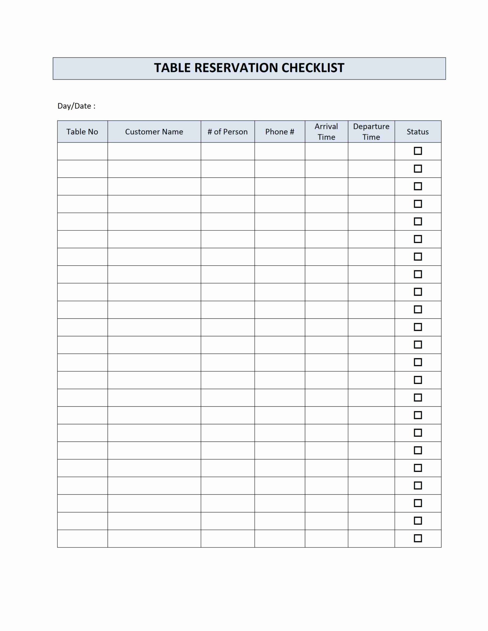 》Restaurant Reservation Checklist Template