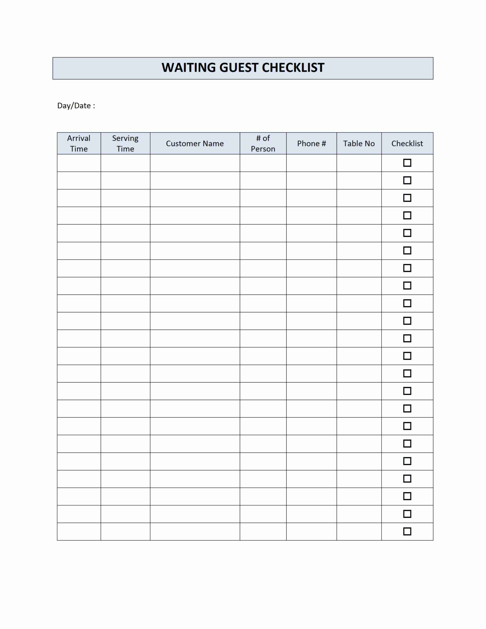 》Printable Restaurant Waiting List Template