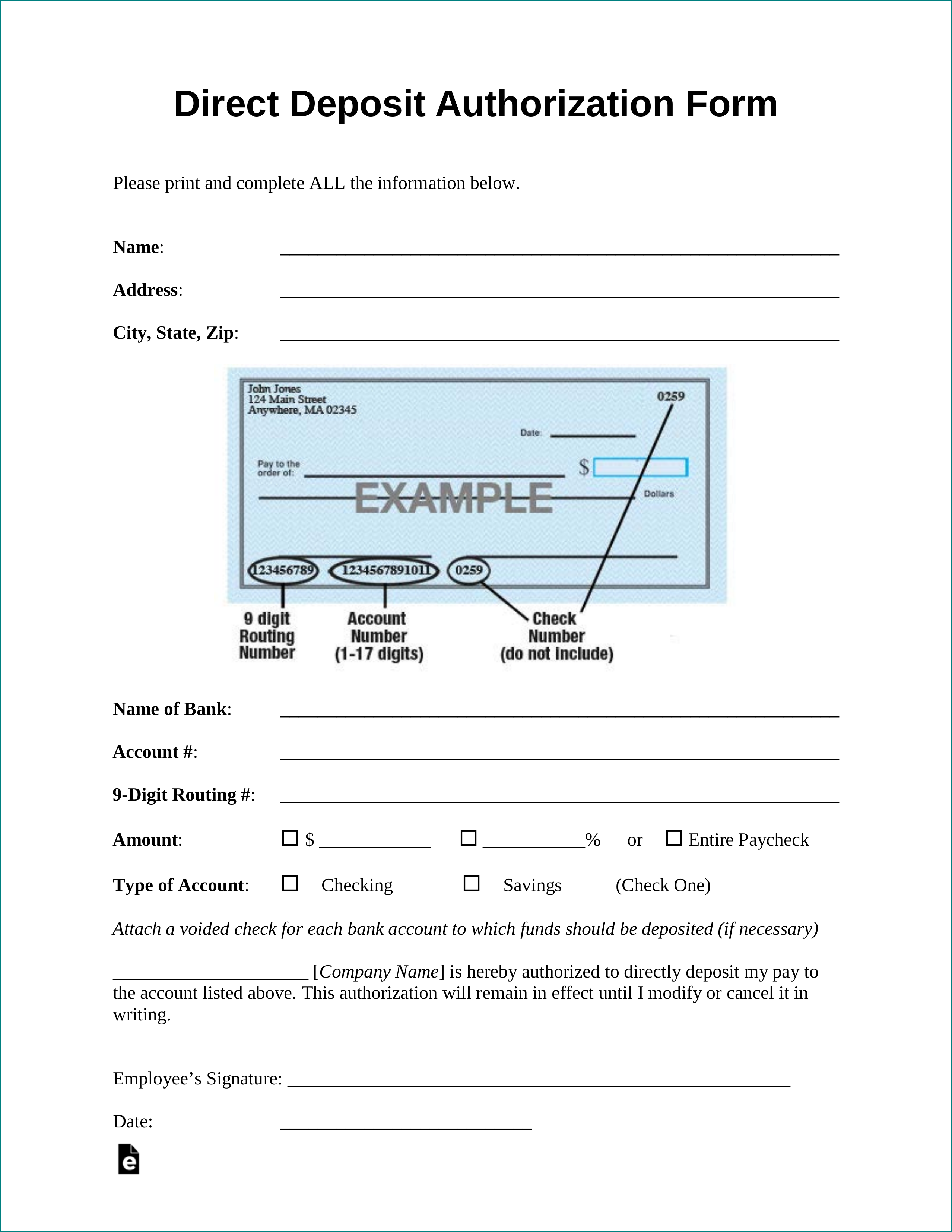 Sample Of Bank Direct Deposit Form Bogiolo