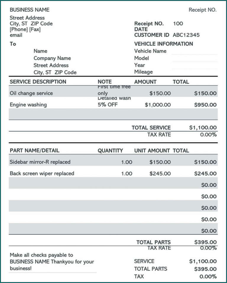 Sample of Example of Carpenter Receipt Template | Bogiolo