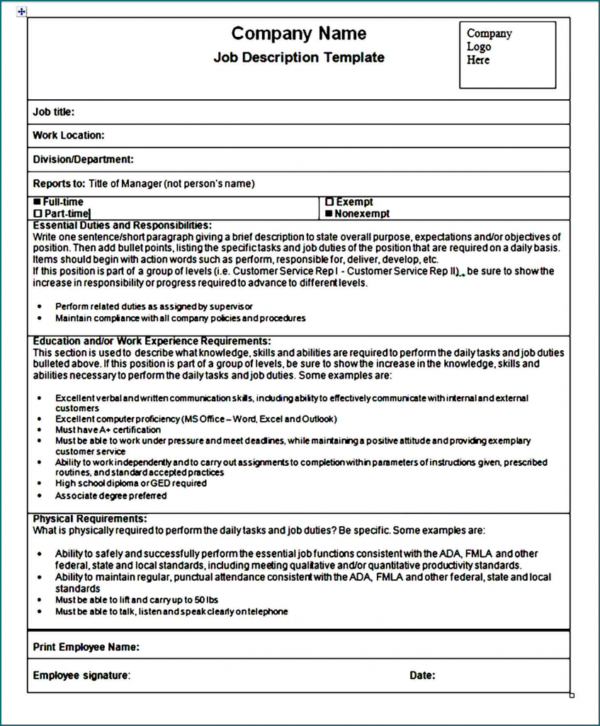 》Free Printable Job Requirements