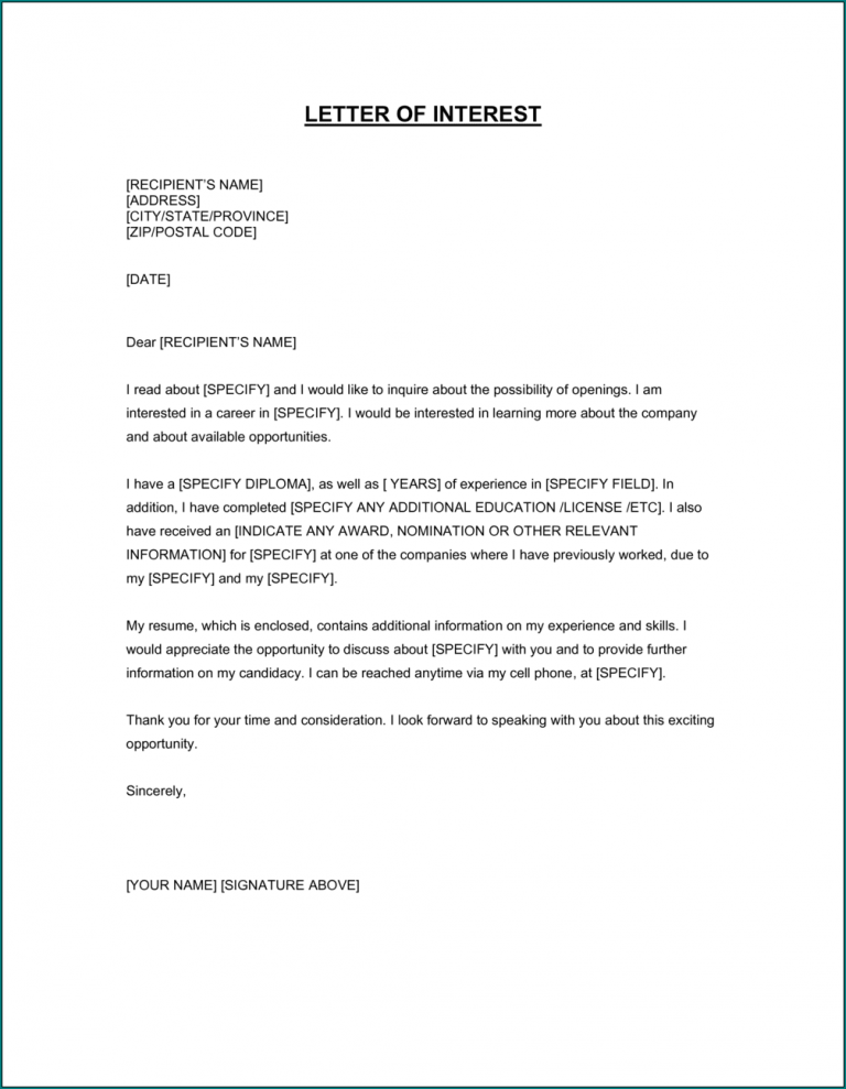 》Free Printable Letter Of Interest Template