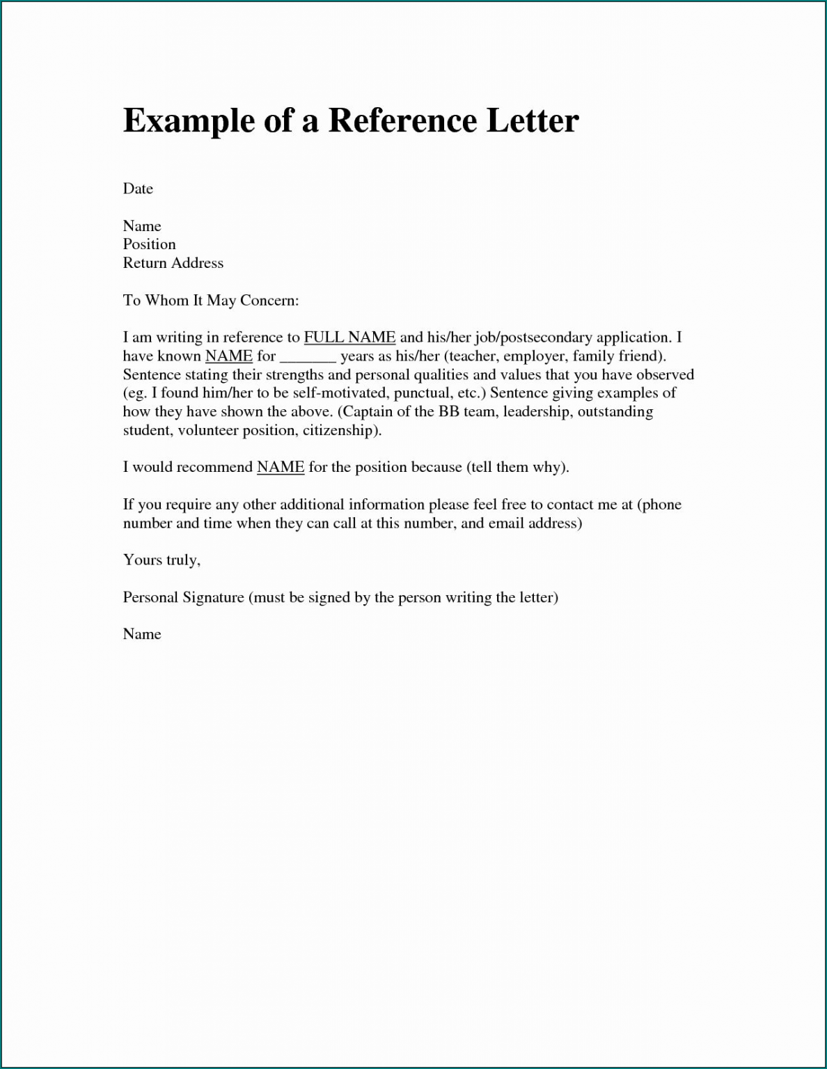 》Free Printable Personal Reference Letter Template