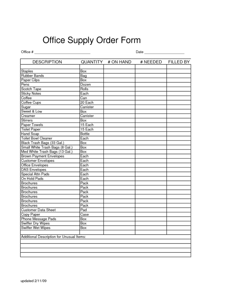 Sample of Printable Supply Order Sheet Template | Bogiolo