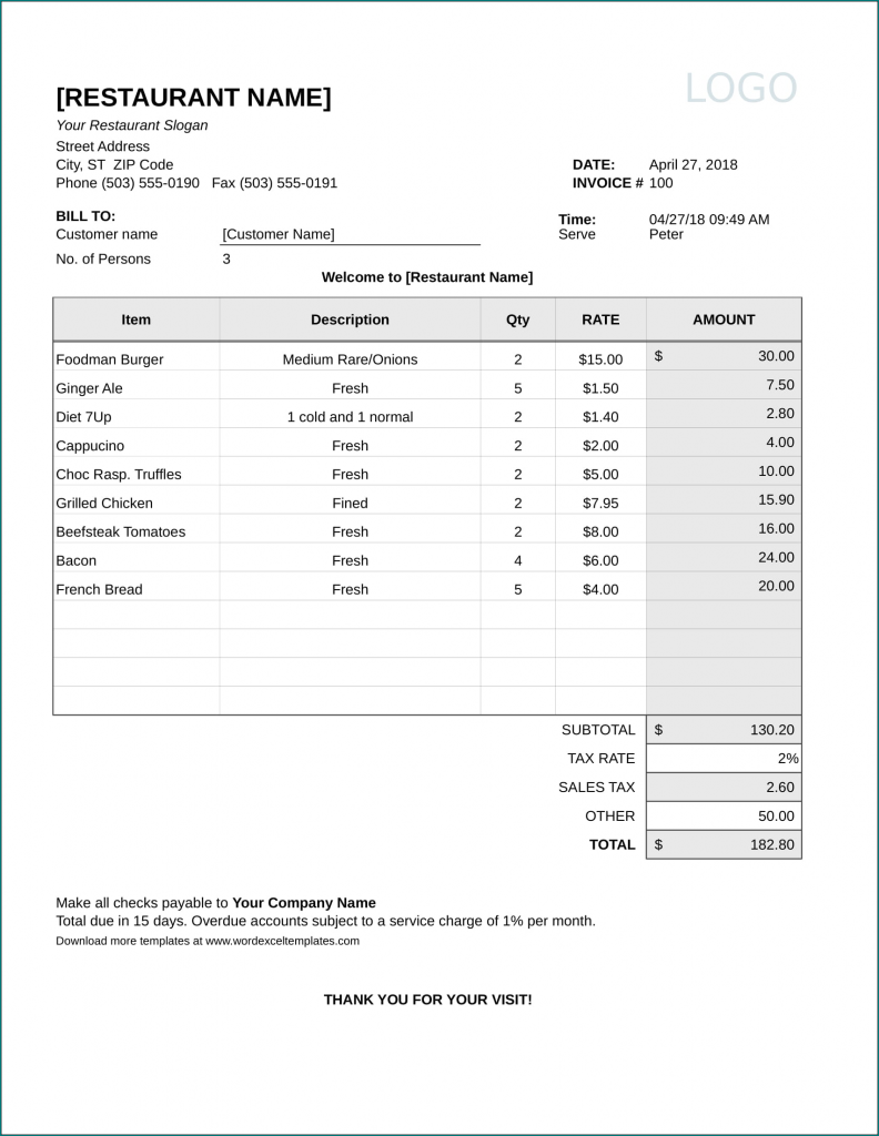 》Free Printable Restaurant Receipt Template