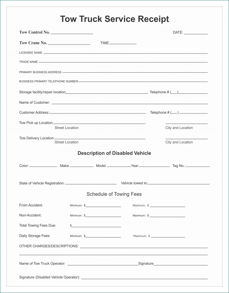 Printable Tow Truck Receipt Template Printable Word Searches