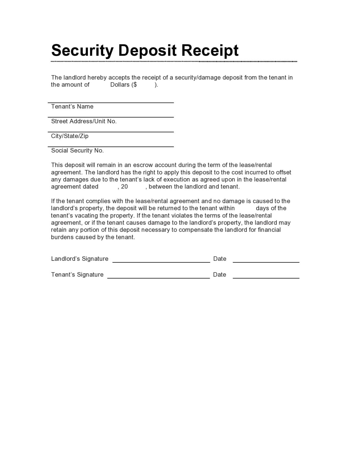 》Printable Security Deposit Receipt Template