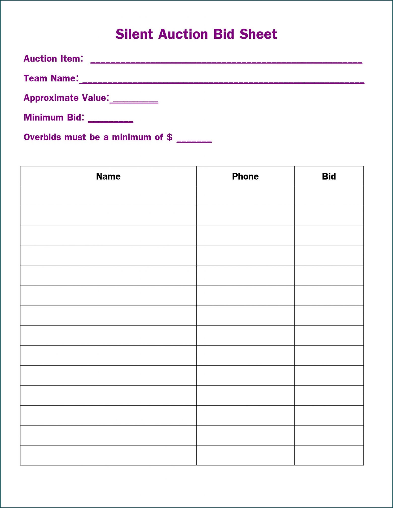 》Free Printable Silent Auction Template