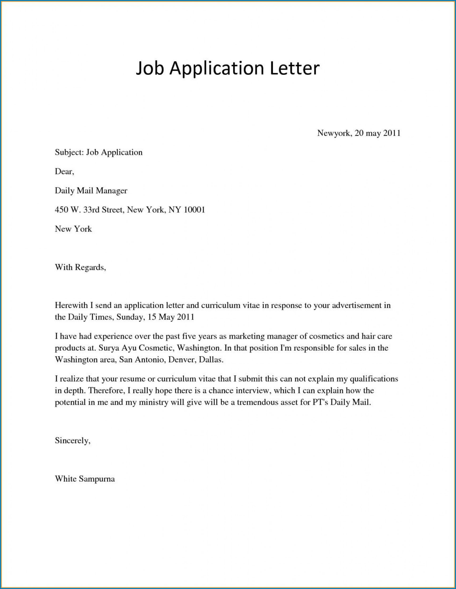 》Simple Cover Letter For a Job Application (Word)