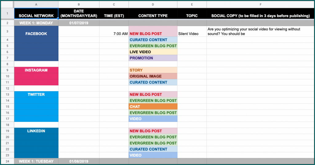 Social Media Post Schedule Template Sample | Bogiolo