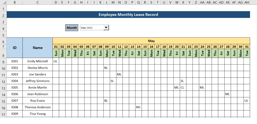 Staff Leave Register Template Sample | Bogiolo