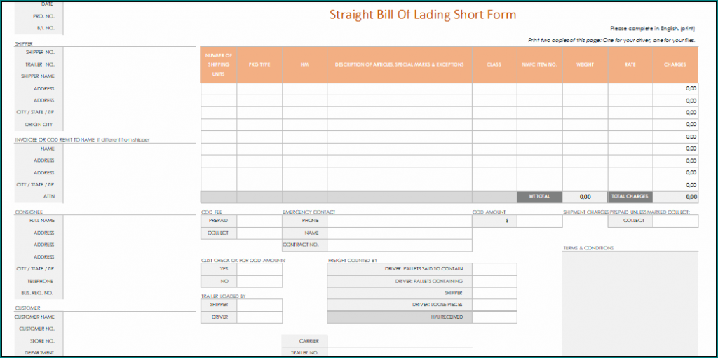 》Free Printable Straight Bill Of Lading Short Form