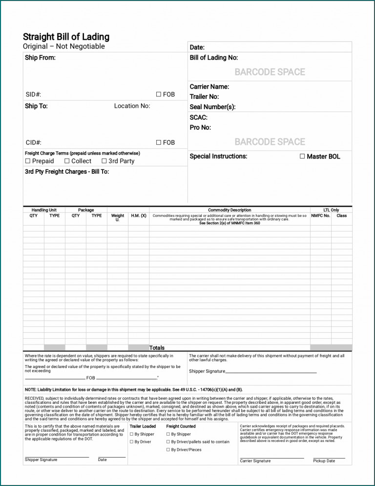 》Free Printable Straight Bill Of Lading Template