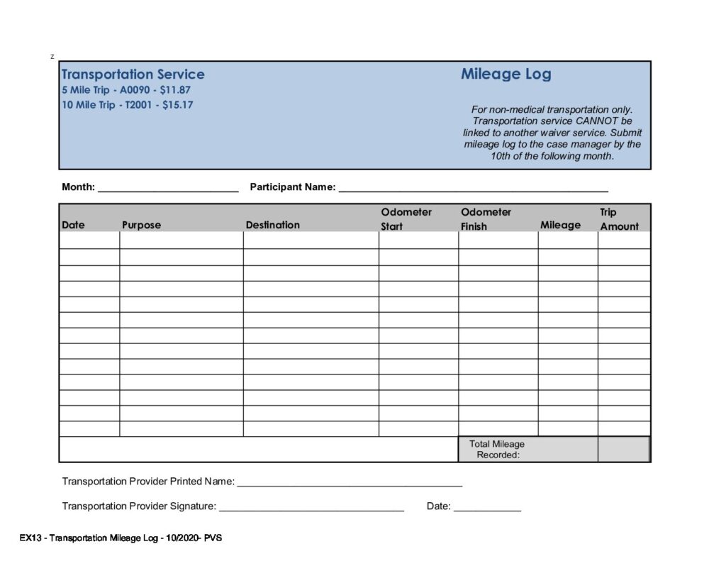 》Printable Transportation Log Template