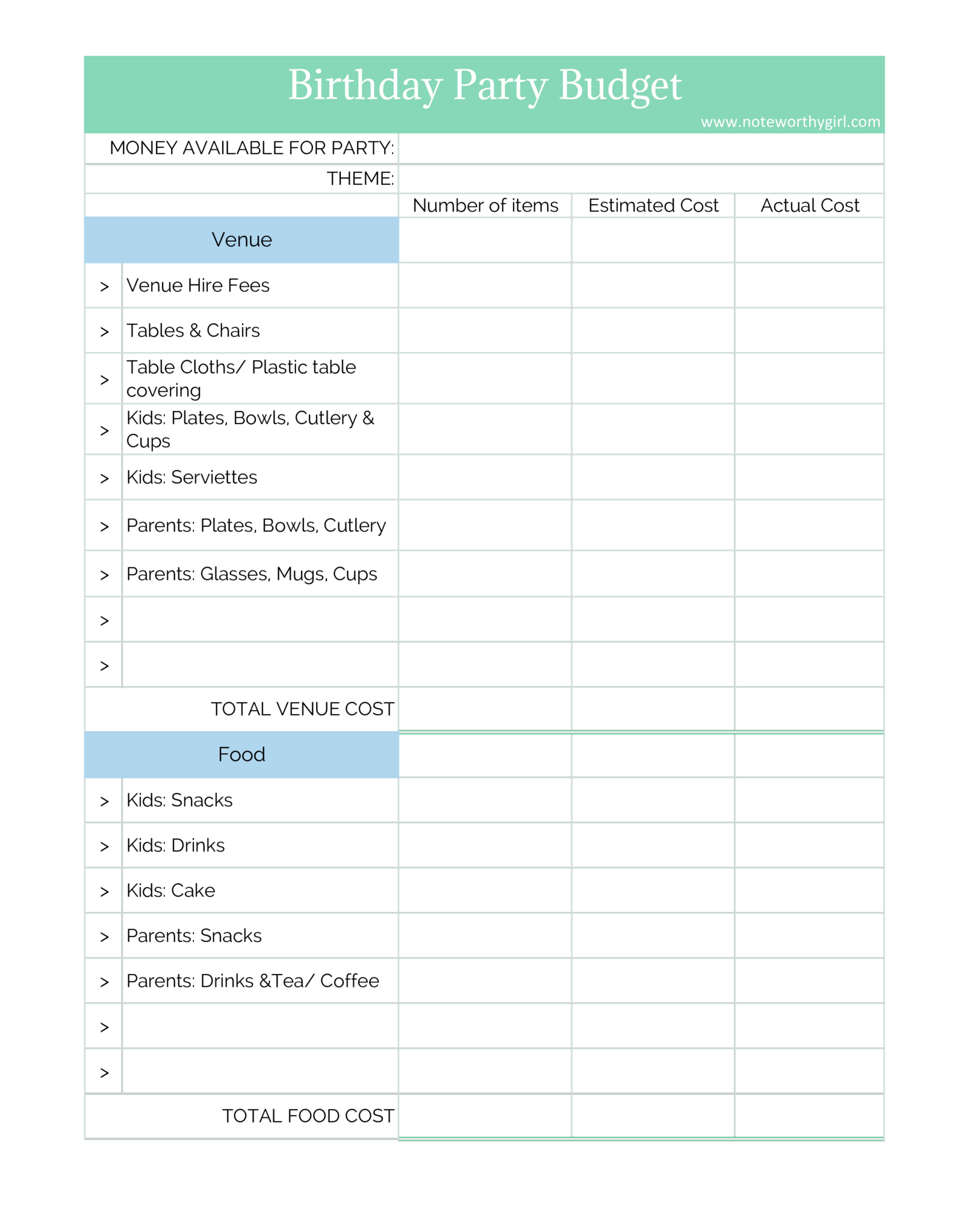 》Welcome Party Budget Worksheet Template