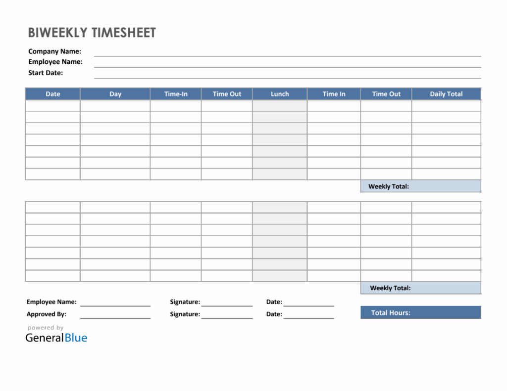 Biweekly Timesheet with Lunch Break in Excel | Bogiolo