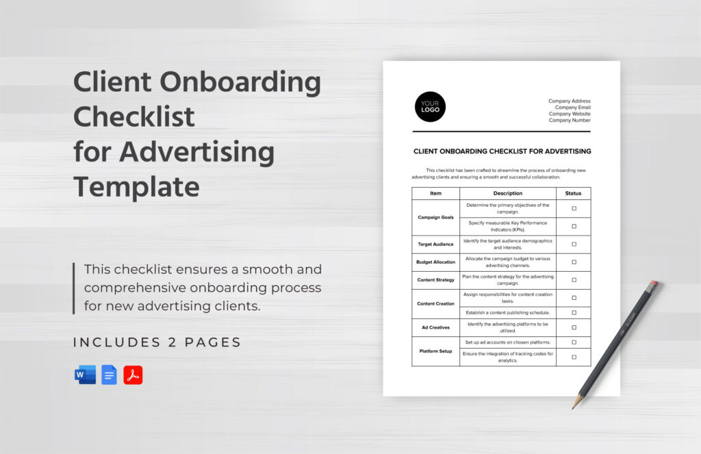 Client Onboarding Checklist for Advertising Template in PDF, Word | Bogiolo