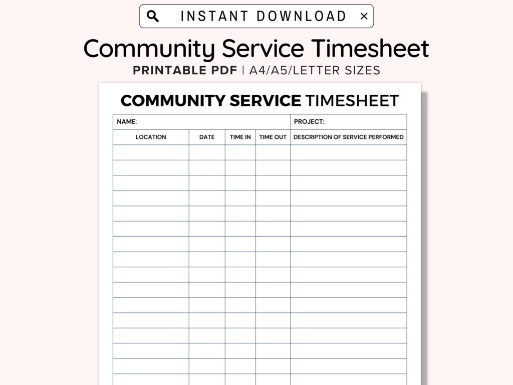 Community Service Hours Log Sheet Printable Volunteer Activity Log