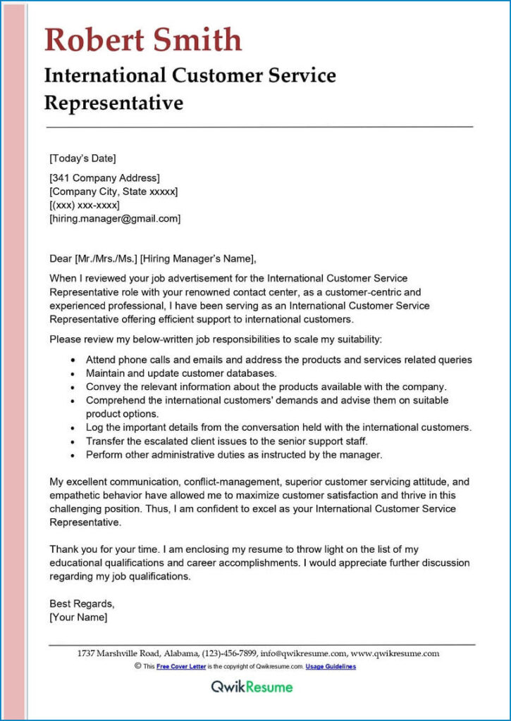 》Customer Care Representative Cover Letter Template
