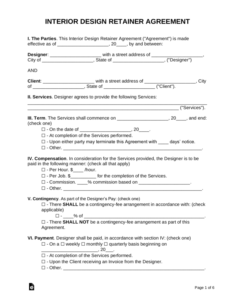 Free Interior Design Retainer Agreement – PDF Word – eForms | Bogiolo