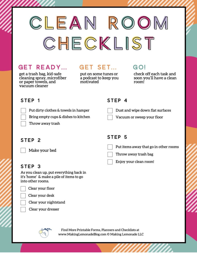 Free Kids Printable Cleaning Checklist For Bedrooms – Making Lemonade ...